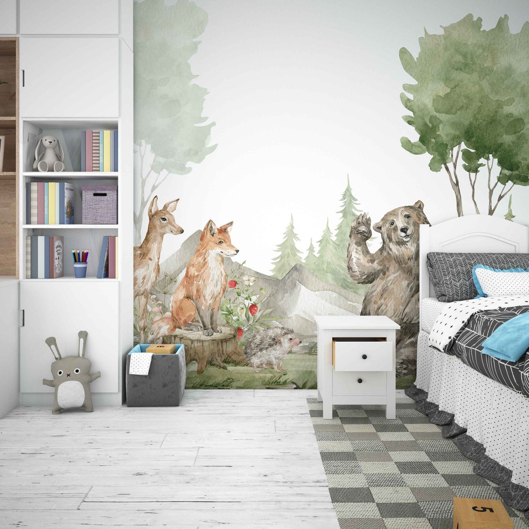 Watercolor Style Forest Animals Wall Mural Children Room Interior ...