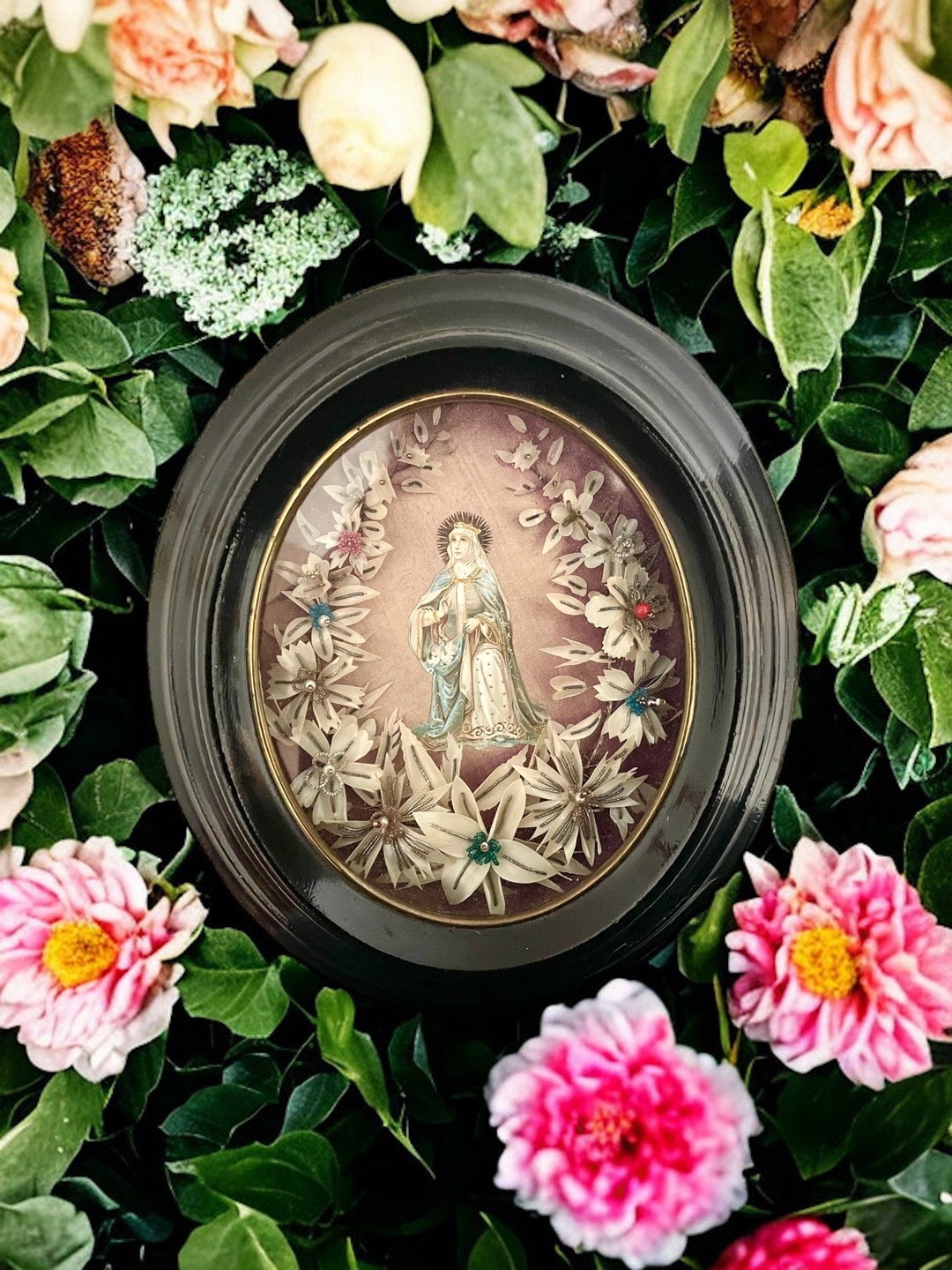 Antique Holy Image With a Madonna and Flowers in a Glass Frame - Etsy