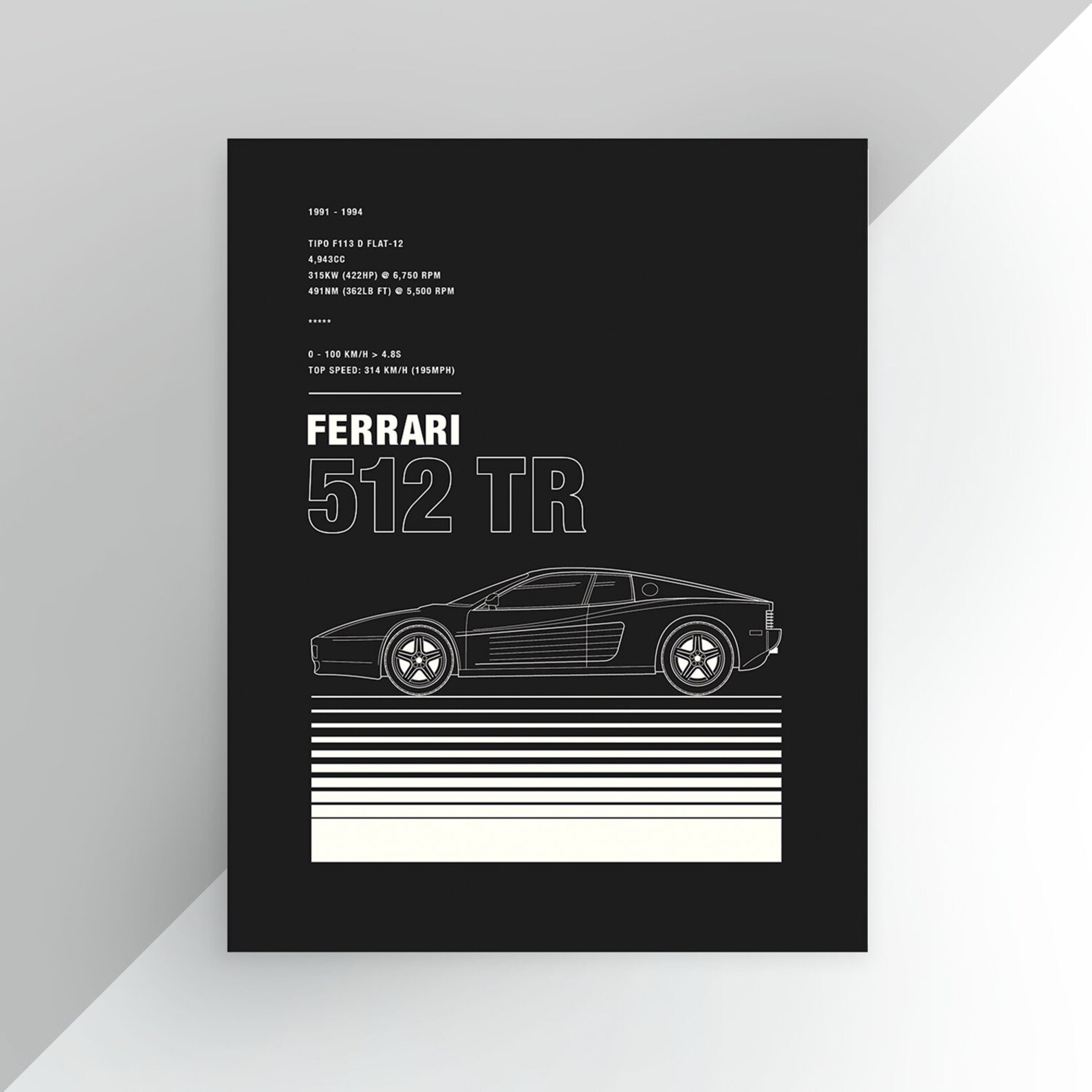 Ferrari 512 TR Testarossa Blackprintable Poster, Racing Art Home Decor ...