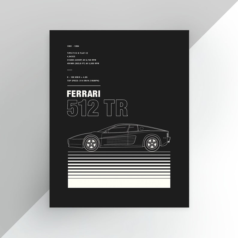 Ferrari 512 TR Testarossa Blackprintable Poster, Racing Art Home Decor ...