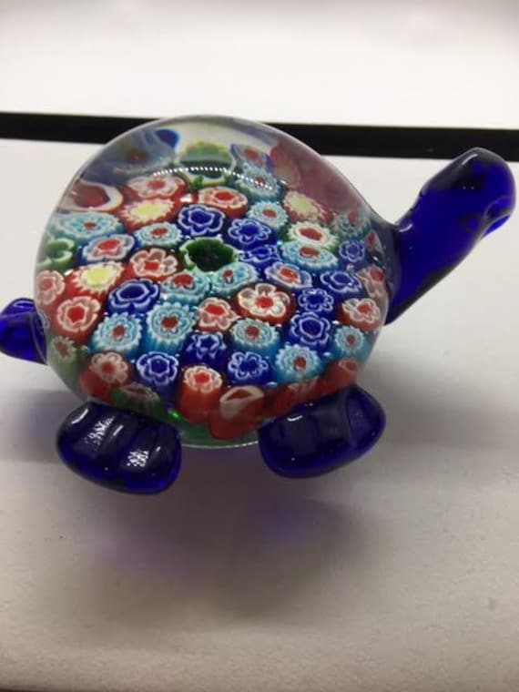 Handblown Glass Turtle Paperweight With Multicolored Flowers - Etsy