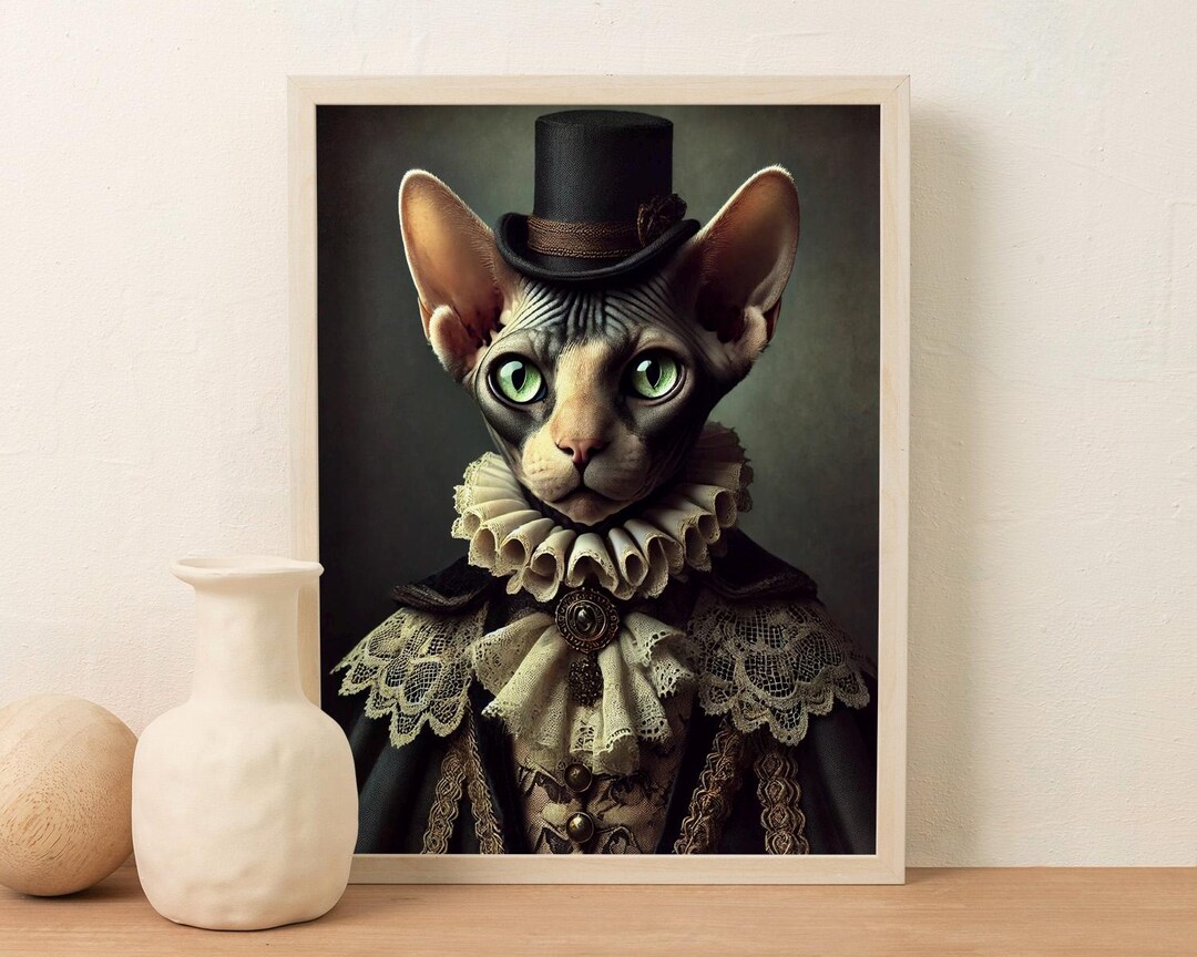 Victorian Cat Art Print on Canvas | Regal Sphynx Cat Portrait for ...