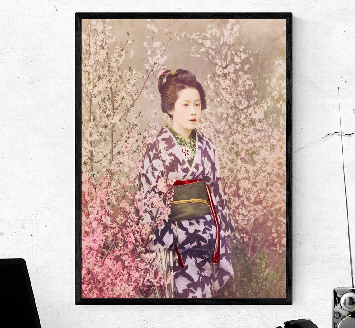 Geisha and Cherry Blossom Canvas Print Vintage Japanese Art Beautiful ...