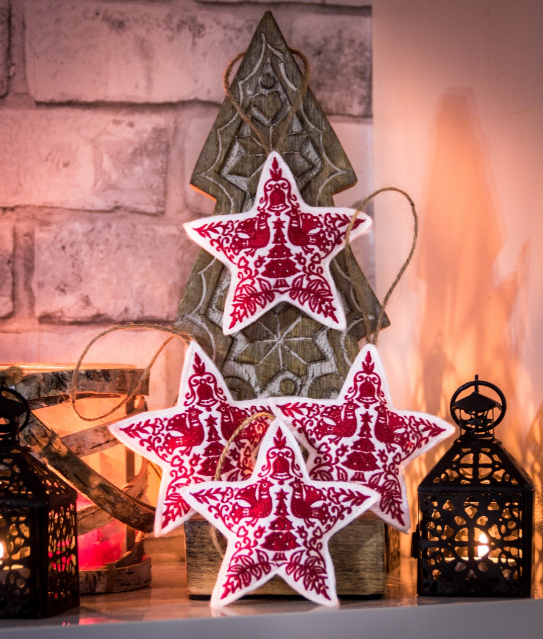 Embroidered Felt Christmas Star Ornaments - Nordic Decor, Handmade Set ...