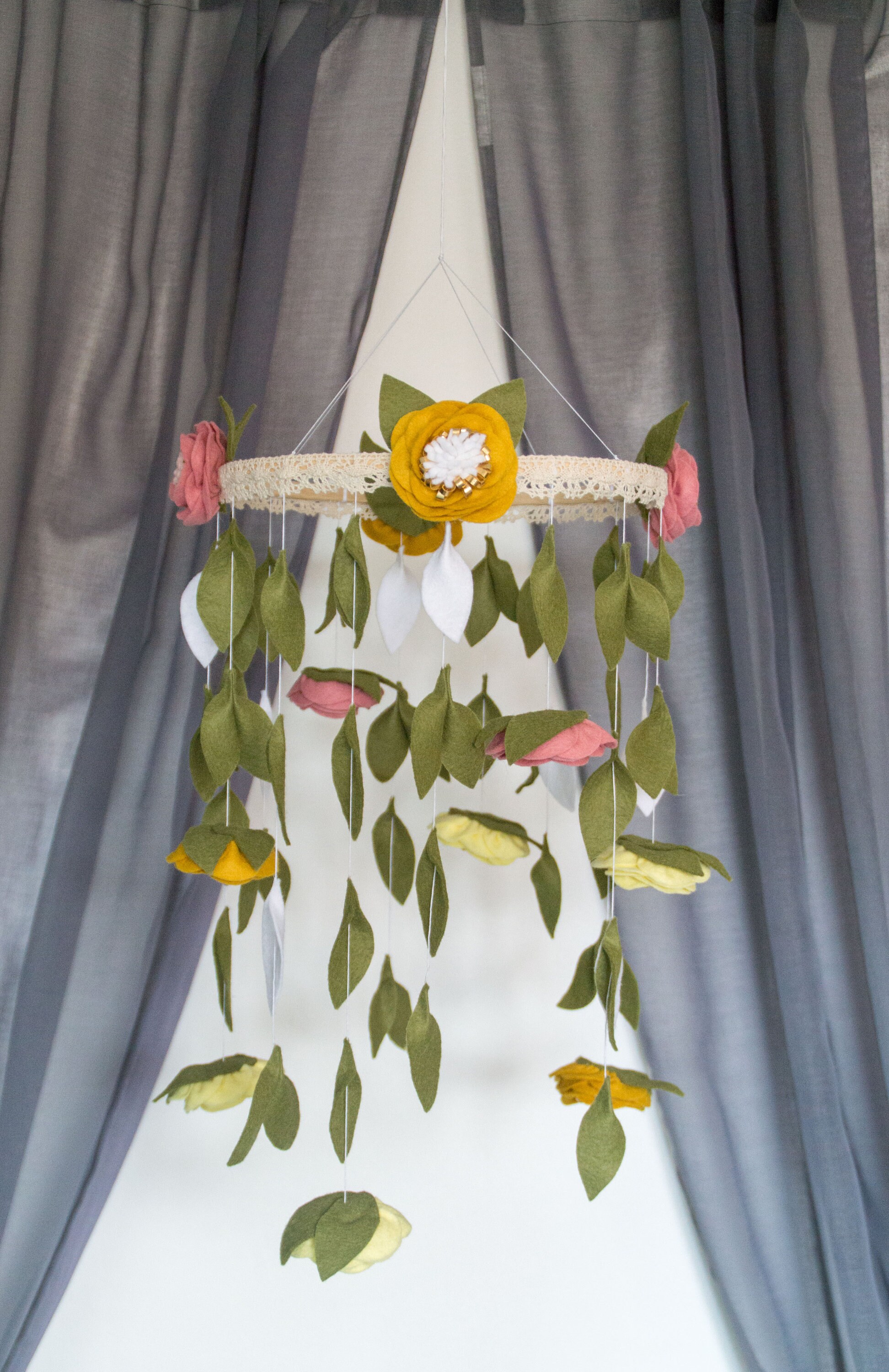 Floral Felt Mobile Cot Pink Flowers Mobile Pastel Pink Yellow Cream ...