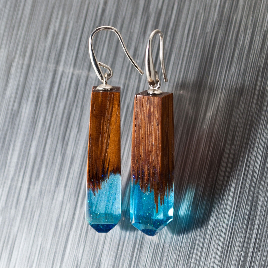 Wood Resin Earrings Glitter - Blue Resin Wood Earrings Resin in a Bar ...