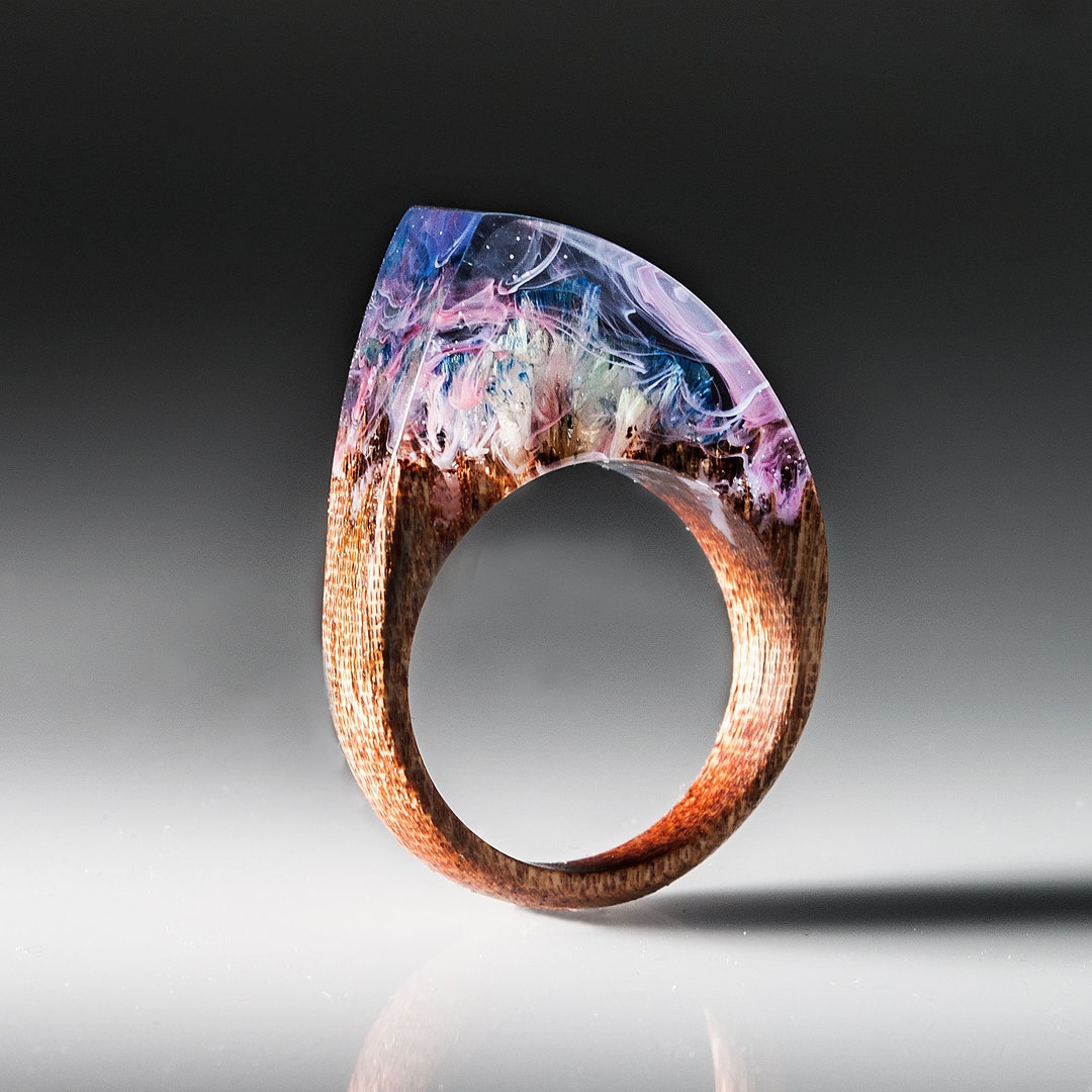 Pink Resin Wood Ring With Real Flowers - Wooden Ring With Transparent ...