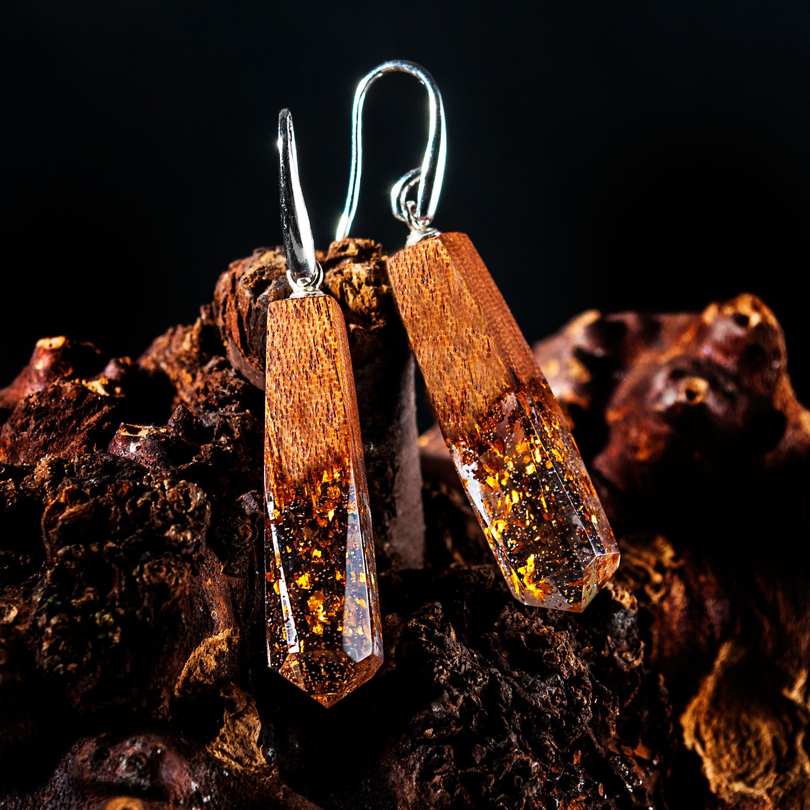 Wood Resin Earrings With Golden Flakes - Resin Wood Earrings Resin in a ...