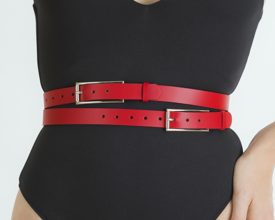 Double Buckle Leather Belt, Black Leather Waist Belt, High Waisted Belt ...