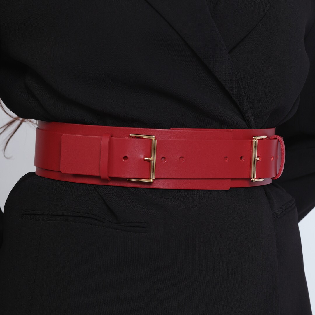 Double Buckle Leather Belt, Wide Red Leather Belt, Double Belt, Wide ...