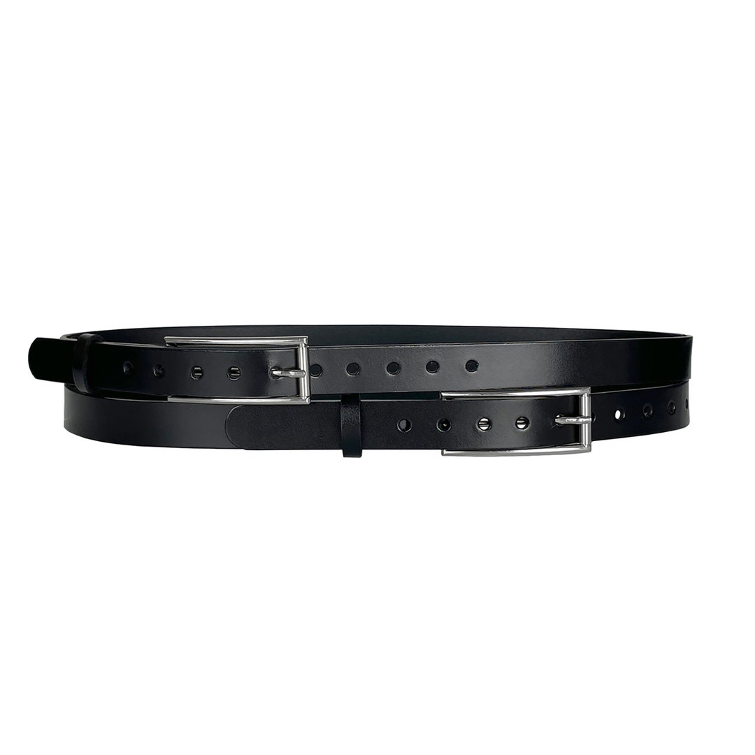 Double Buckle Leather Belt, Black Leather Waist Belt, High Waisted Belt ...