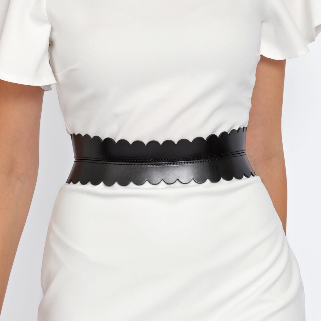 Hourglass Corset Belt, Black Leather Corset Belt, Scalloped Wide ...