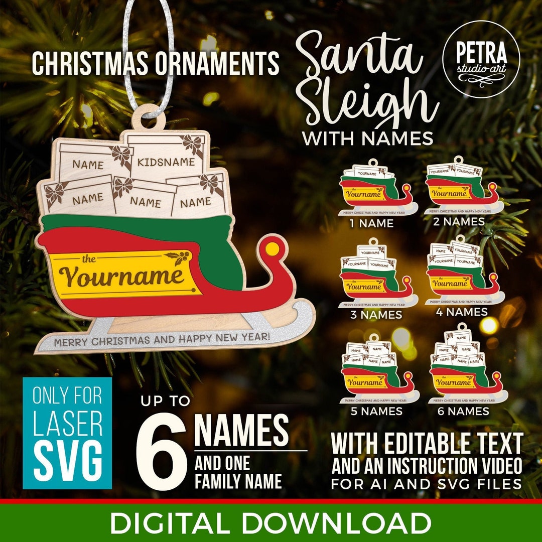 Santa Sleigh Christmas Ornament Laser Cut Files. Customizable up to 6 ...