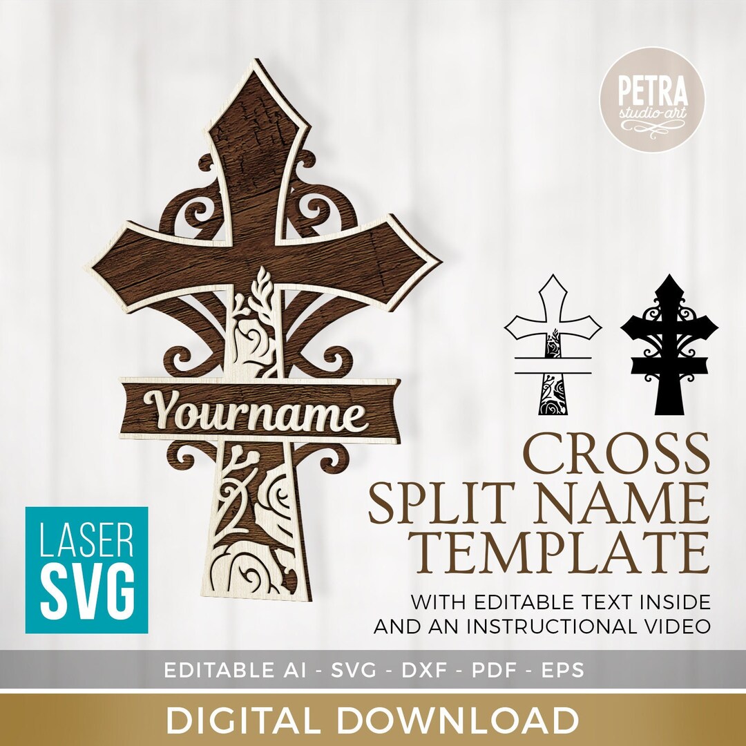 Cross Split Name Template With Flowers, Laser SVG Files for Glowforge ...