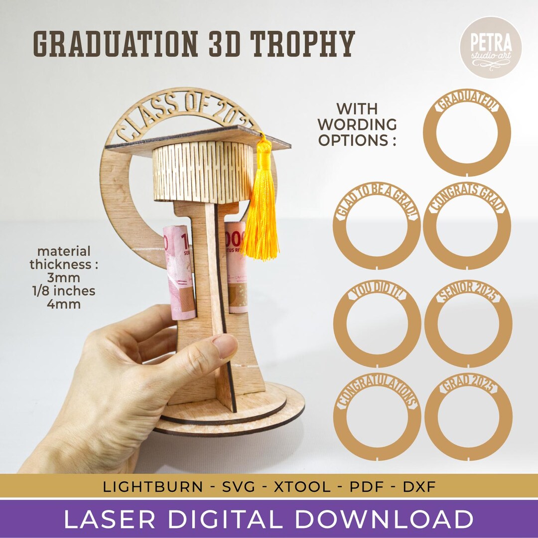 Graduation Trophy With 3D Graduation Cap SVG Laser Cut Files. With ...