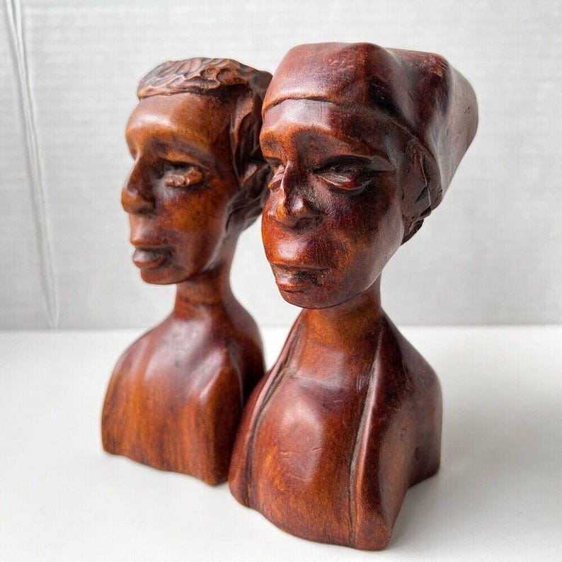 Vintage Hand Carved Wood Sculptures Man & Women Couple Bust African ...