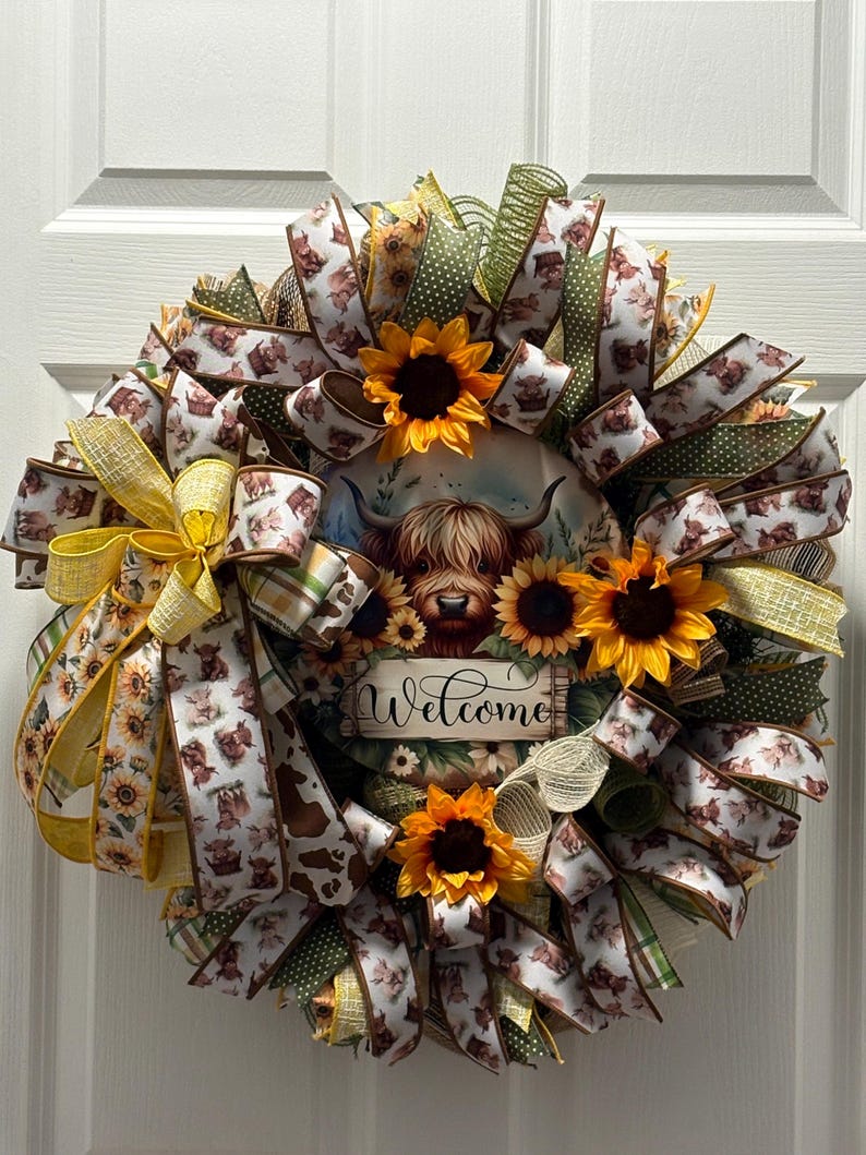 Highland Cow Sunflower Wreath, Farmhouse Rustic Door Decor, Country ...
