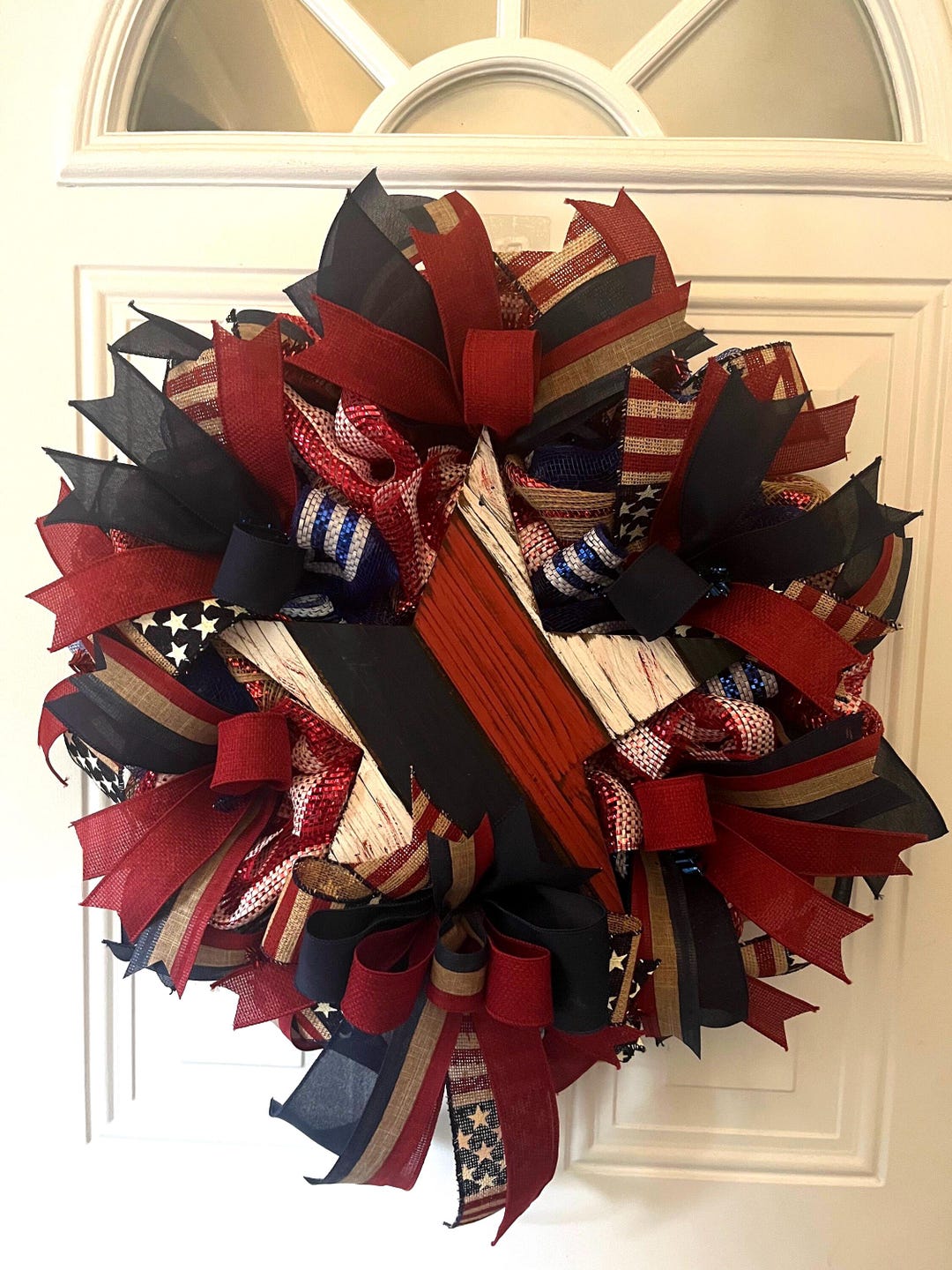 Handmade Patriotic Wreath - Red, White, and Blue Ribbon Decor - Rustic ...