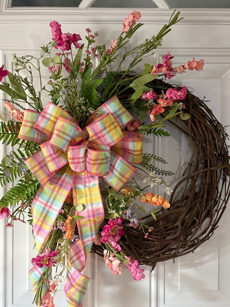 Spring Grapevine Wreath With Pastel Florals and Plaid Bow, Front Door ...
