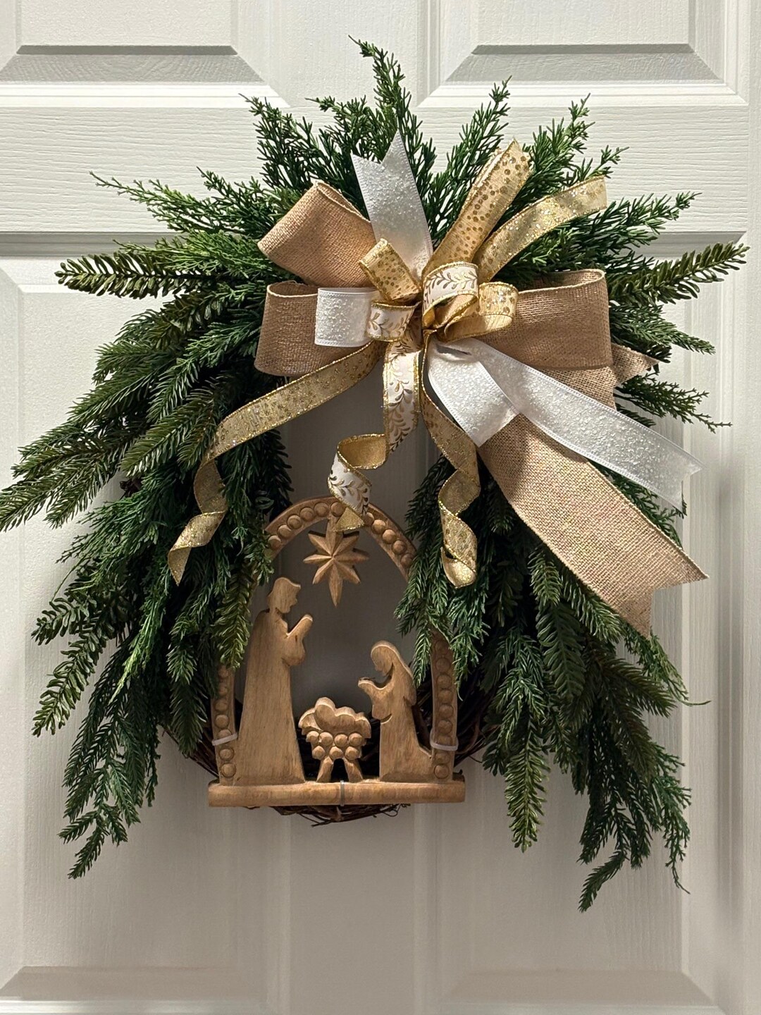 Holy Family Christmas Wreath, Rustic Nativity Scene, Burlap Bow - Etsy