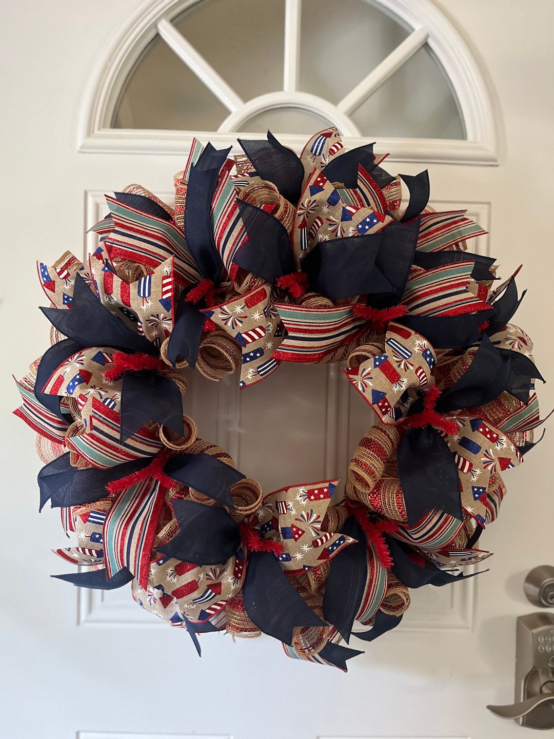 Patriotic Firework Wreath, Red White and Blue Front Door Decor ...