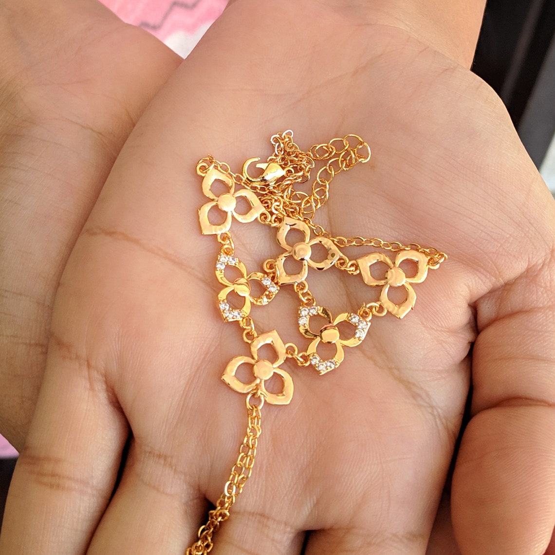 Traditional Rose Gold Flower Shaped Panja & Bracelet Set - Etsy