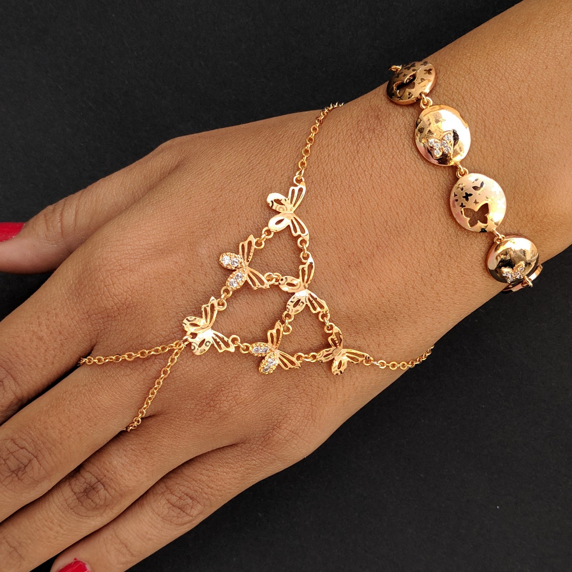 Traditional Rose Gold Butterfly Shaped Panja & Bracelet Set - Etsy