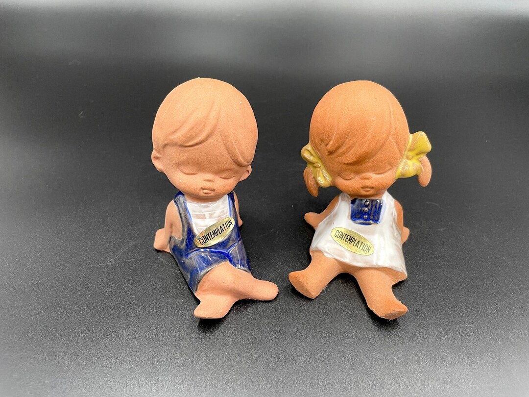 Boy & Girl Enesco Redware Figurines / Pair of Seated Children From ...