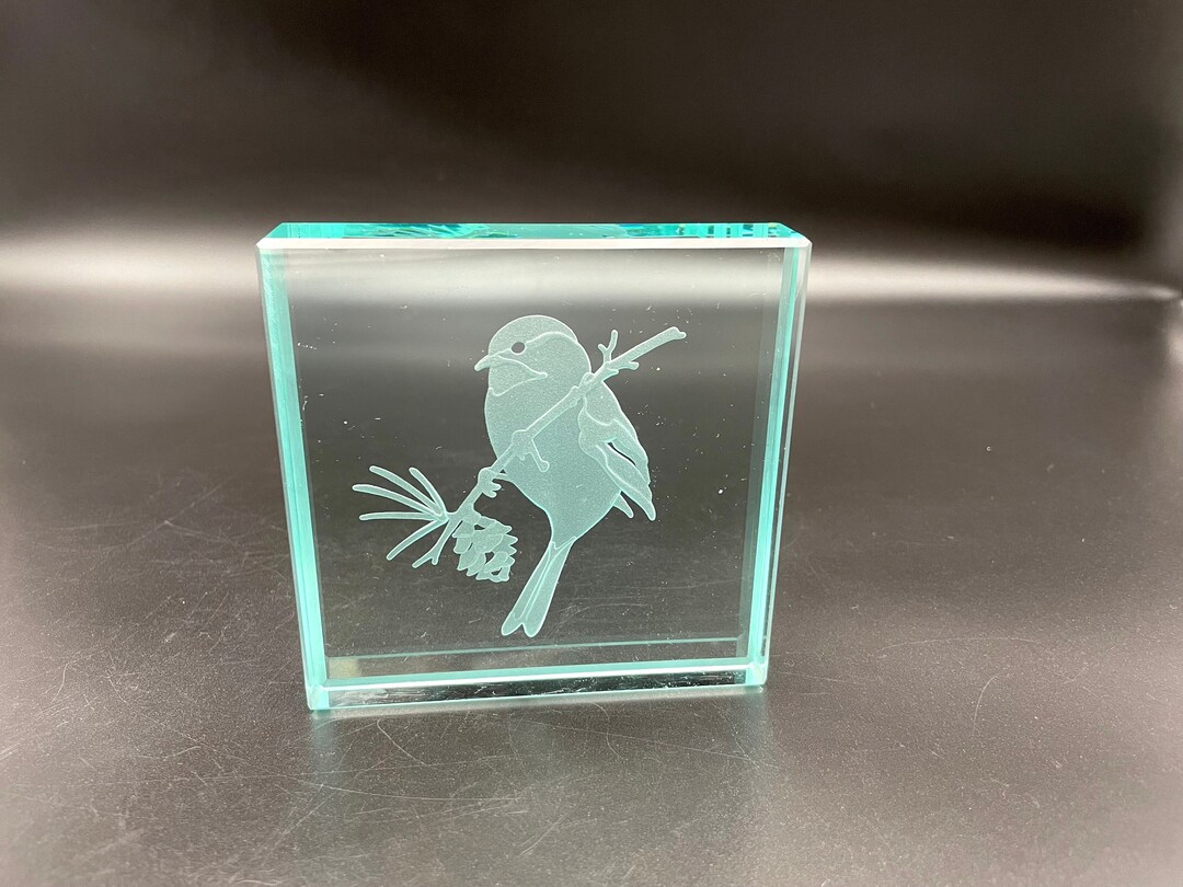 Etched Glass Paperweight With Bird / Bird Perched on a Branch With a ...