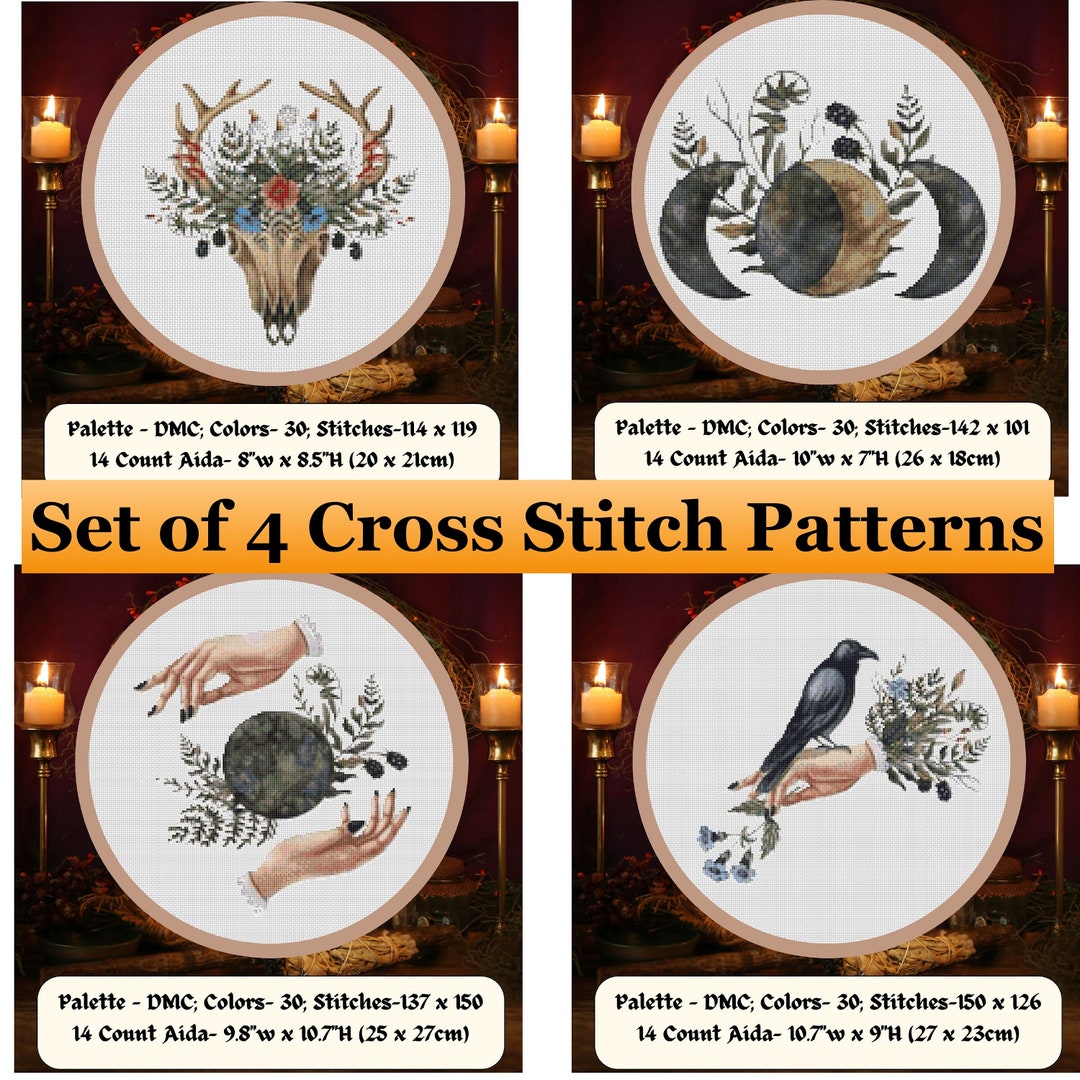 Set of 4 Pagan Cross Stitch, Wiccan PDF, Gothic Fantasy Decor, Wicca ...
