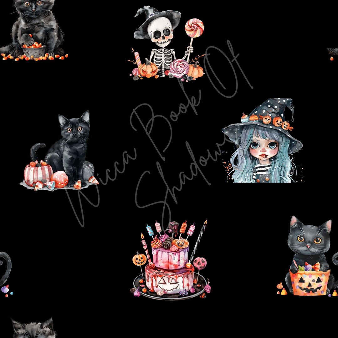 Halloween Printable Paper, Black Cat With Pumpkin, Spooky Dolls and ...
