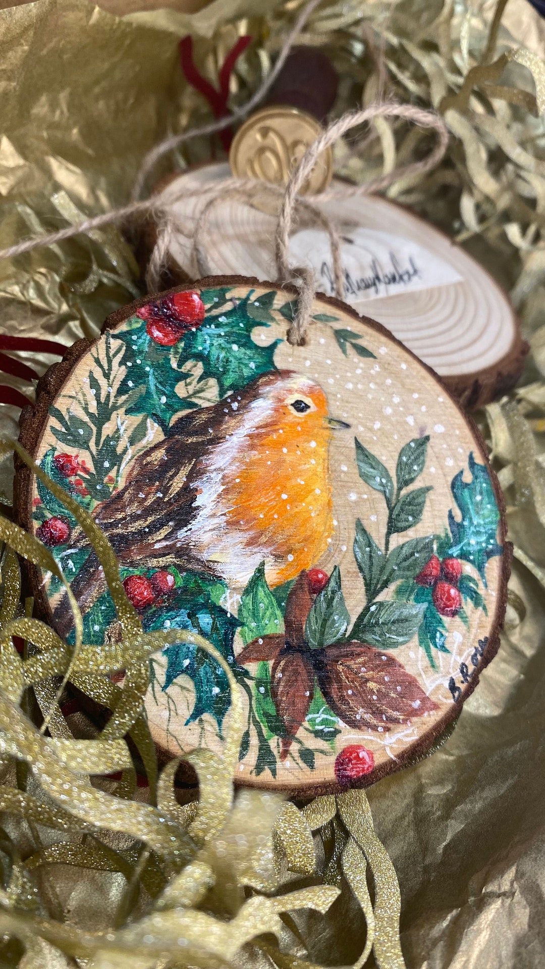 Handmade Christmas Robin Decoration Handprinted Wood Slice Bespoke Art ...