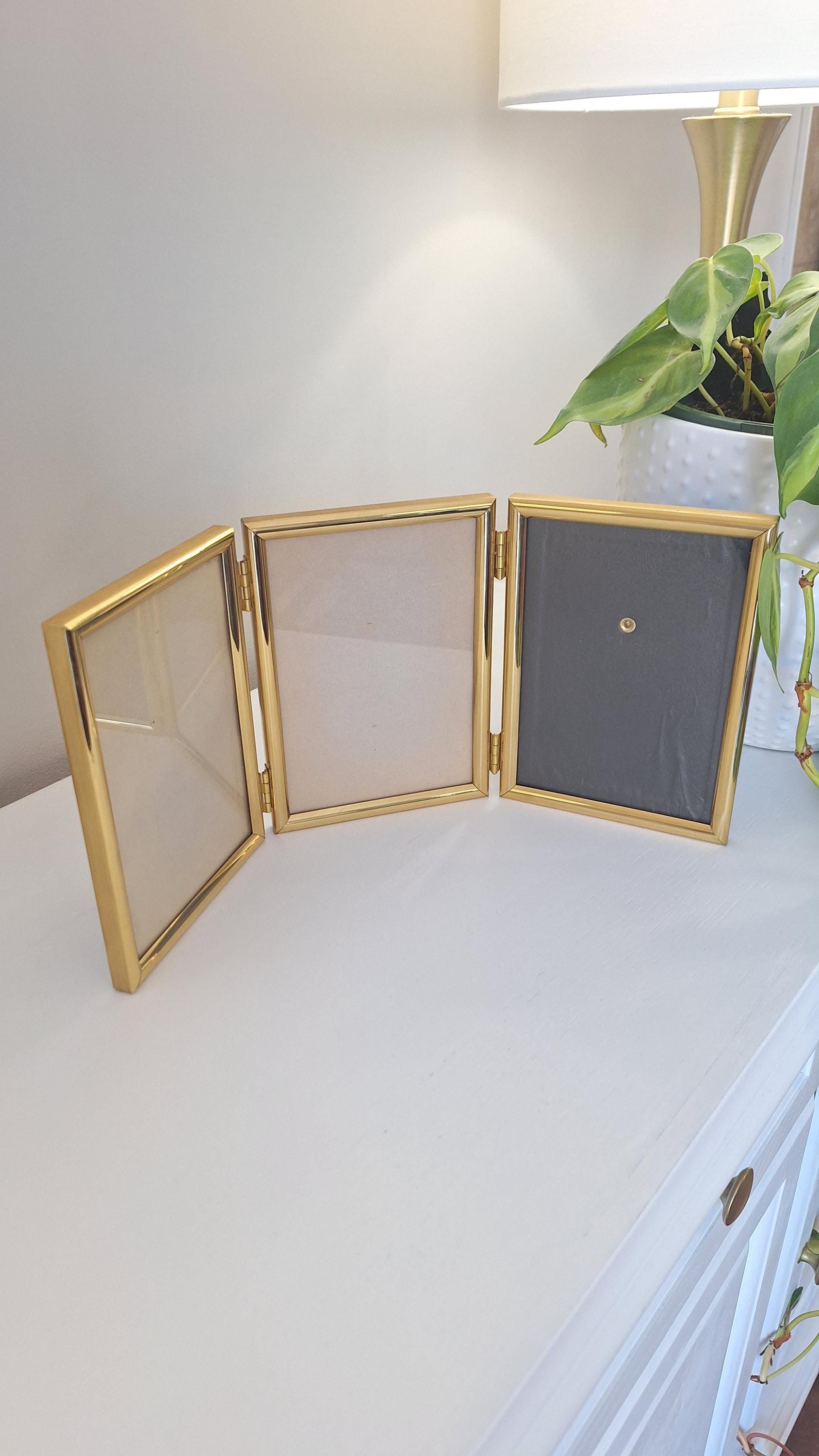 Vintage Triple Trifold Brass Picture Frame 5 X 7 Gold Metal Mid Century ...