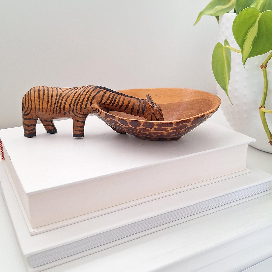 Vintage Giraffe Wood Carving Statue Figurine Bowl - Super Adorable ...