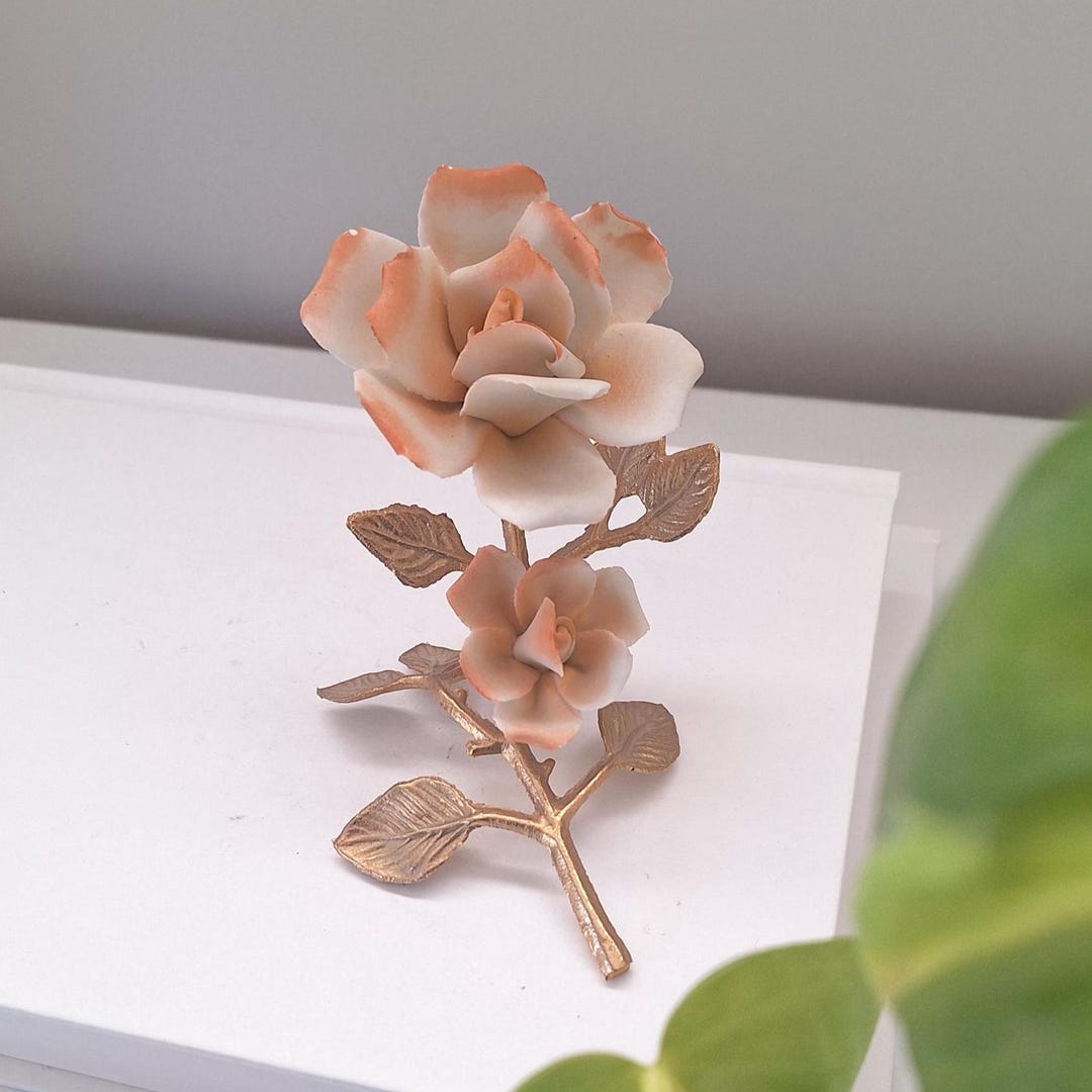 Vintage Capodimonte Porcelain Pink Rose With Gold Tone Metal Stem and ...