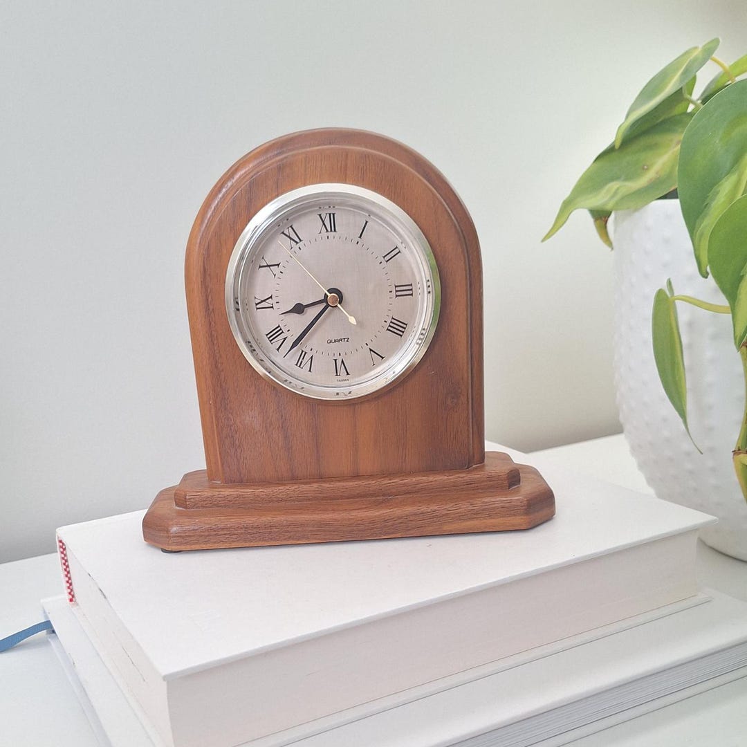 Vintage Wood Mantel Clock Arched Design - Wooden Battery Powered ...