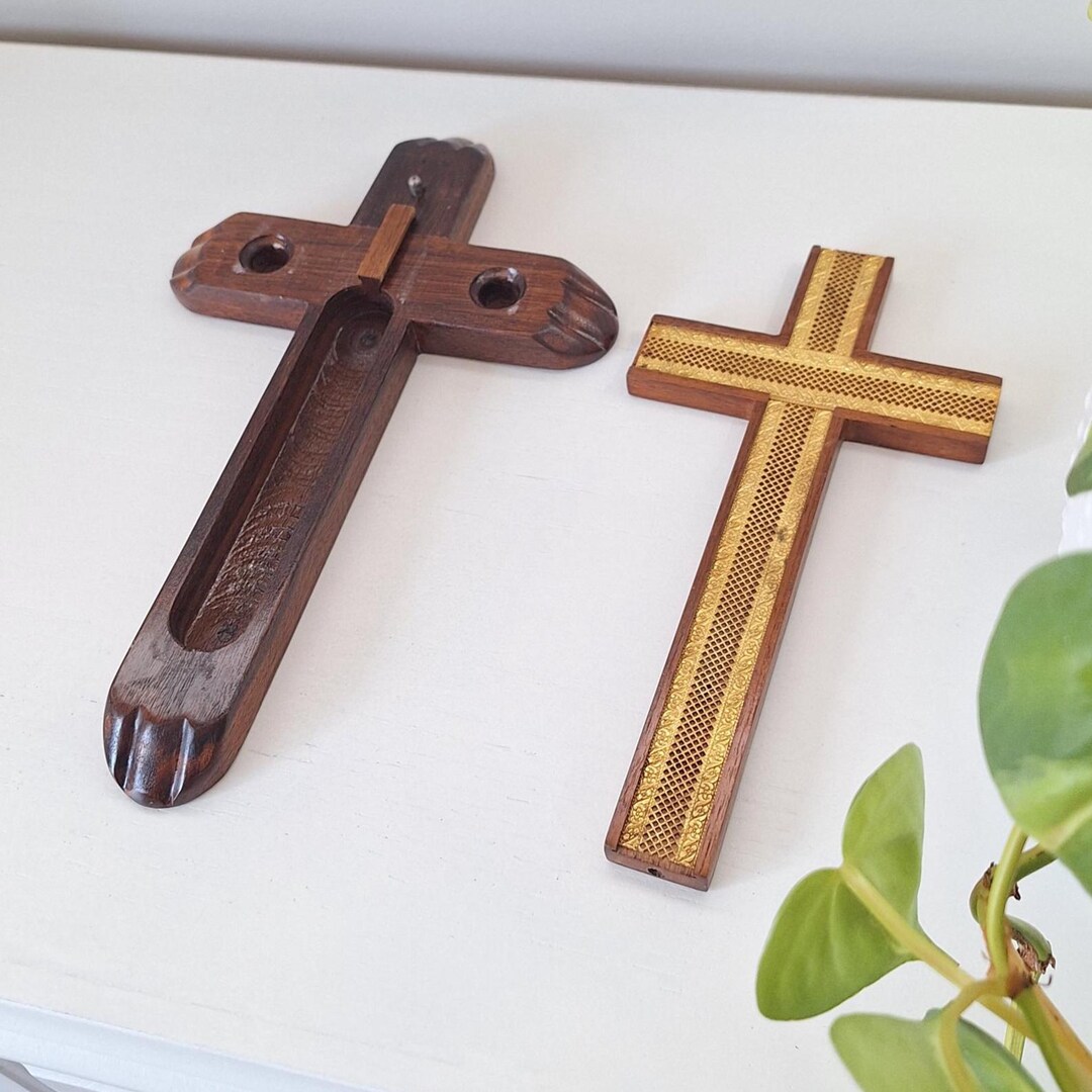 Vintage HIDDEN COMPARTMENT Cross Wood and Brass Gold Color Decorative ...