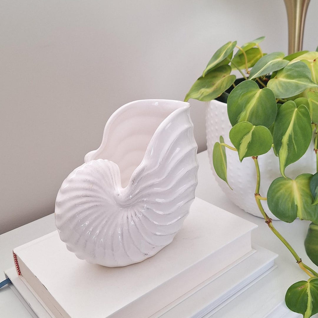 Vintage Shell Planter Pot Conch Snail Clam Ceramic White Bowl ...
