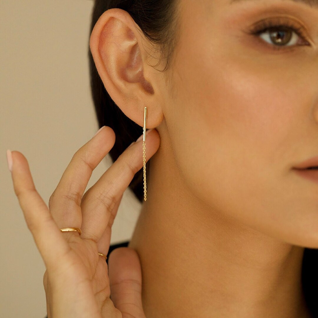 Bar Dangling Chain Earrings in 14K Gold Vermeil, 14K Rose Gold Vermeil ...