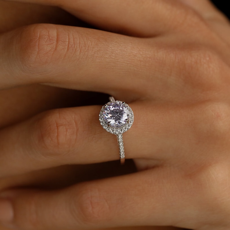 Round Halo Engagement Ring Sterling Silver Vintage Promise | Etsy
