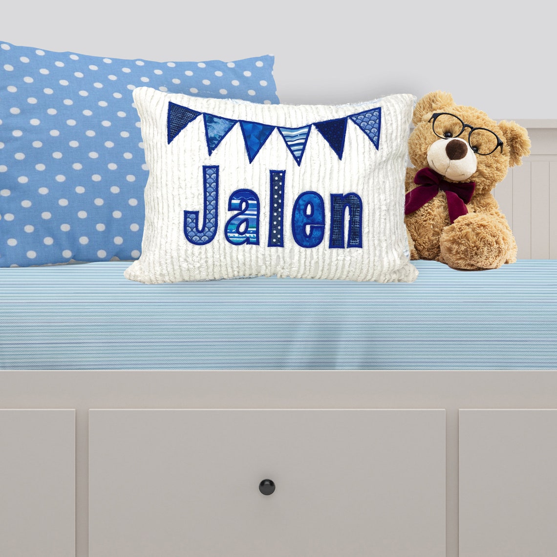 Personalized Name Pillow - Blue Appliqué With Flags - Etsy