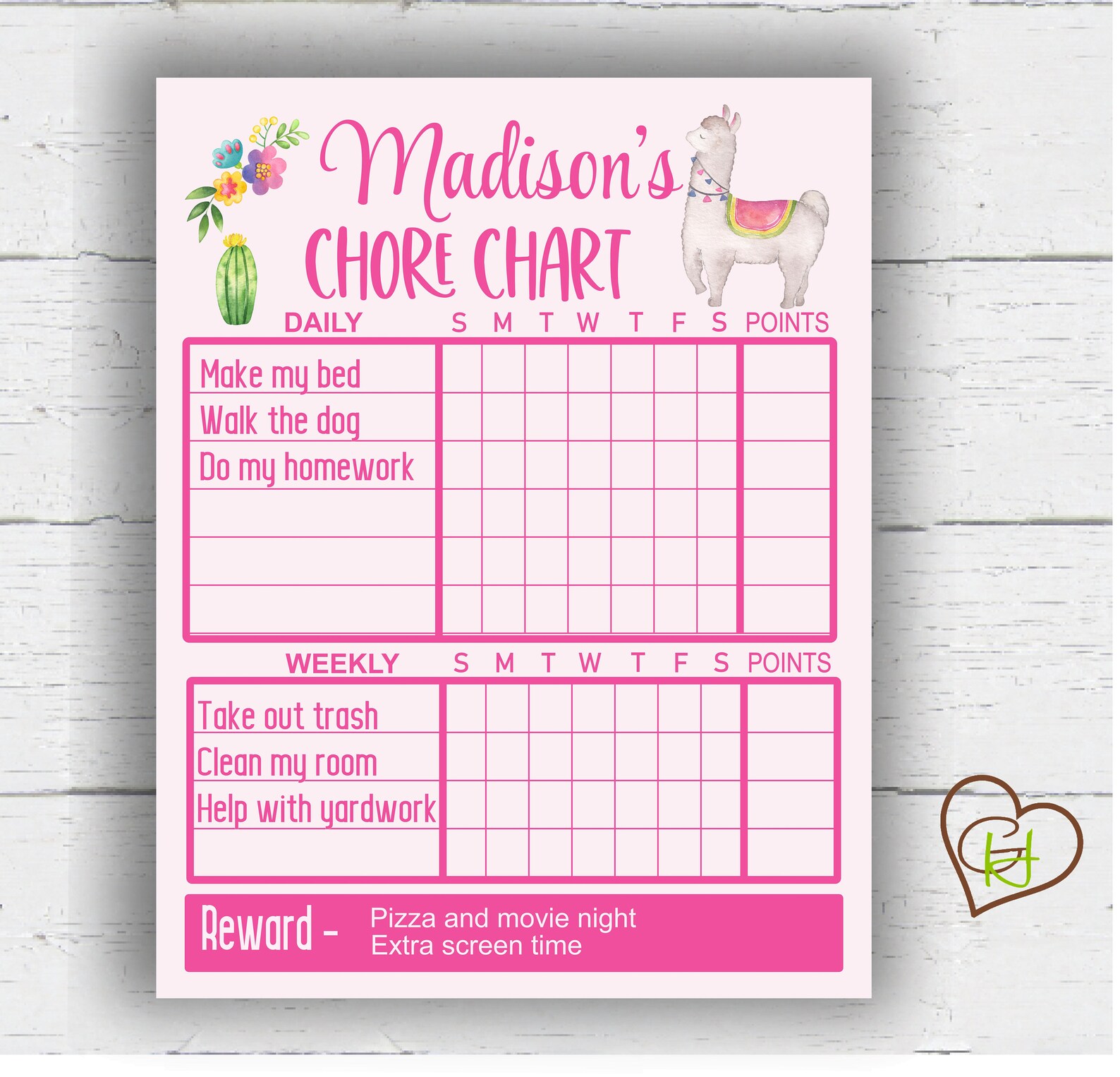 Weekly-daily Llama Chore Chart Digital Download | Etsy