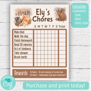 Woodland Animals Chore Chart Editable Digital Download - Etsy
