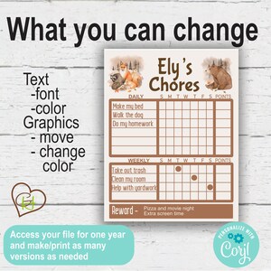 Daily Weekly Woodland Animals Chore Chart Editable Digital - Etsy
