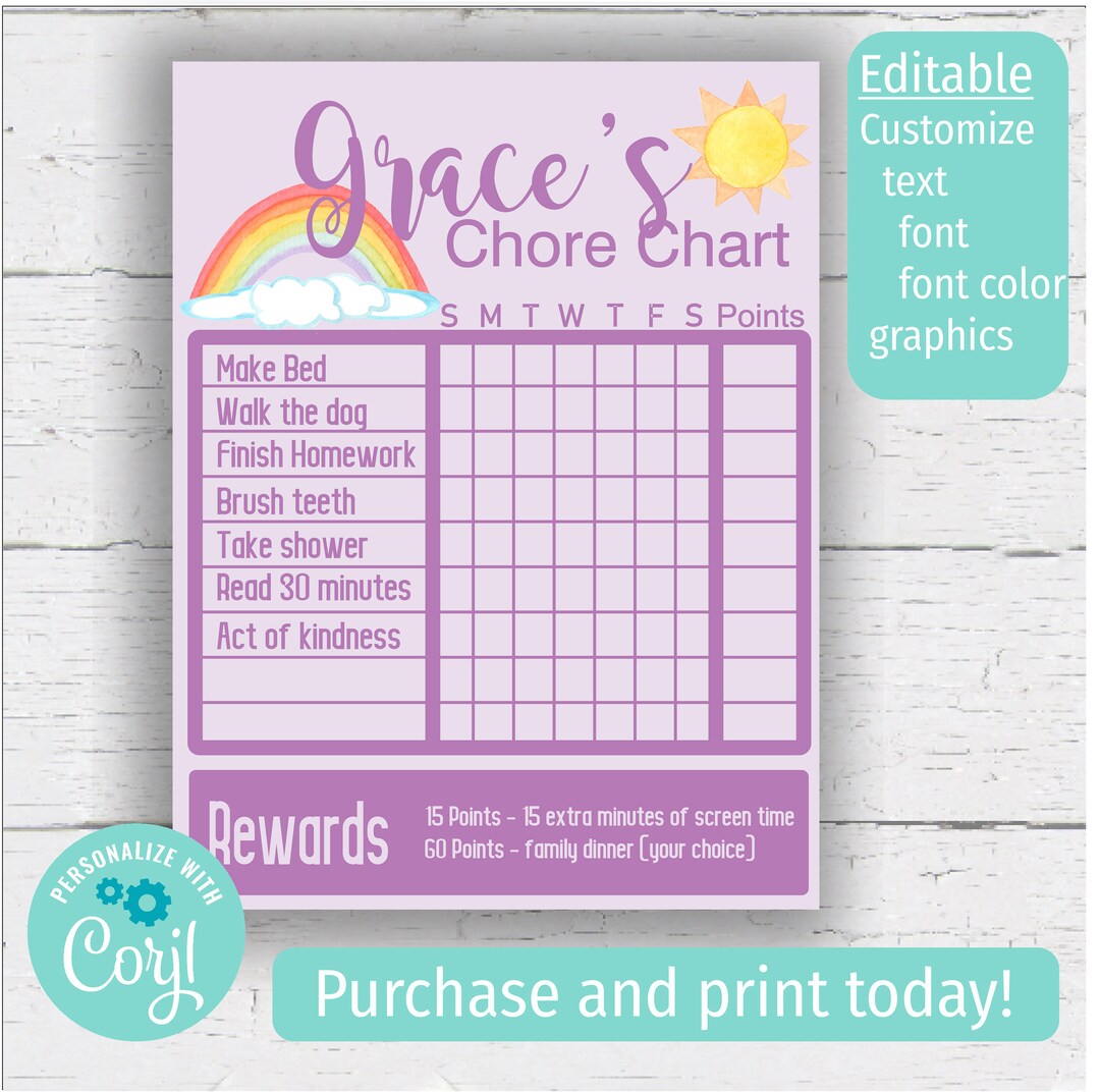 Printable Rainbow Chore Chart Printable - Etsy