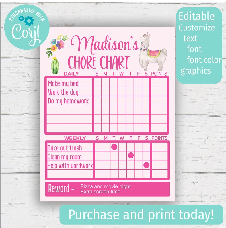 Weekly-daily Llama Chore Chart Digital Download | Etsy
