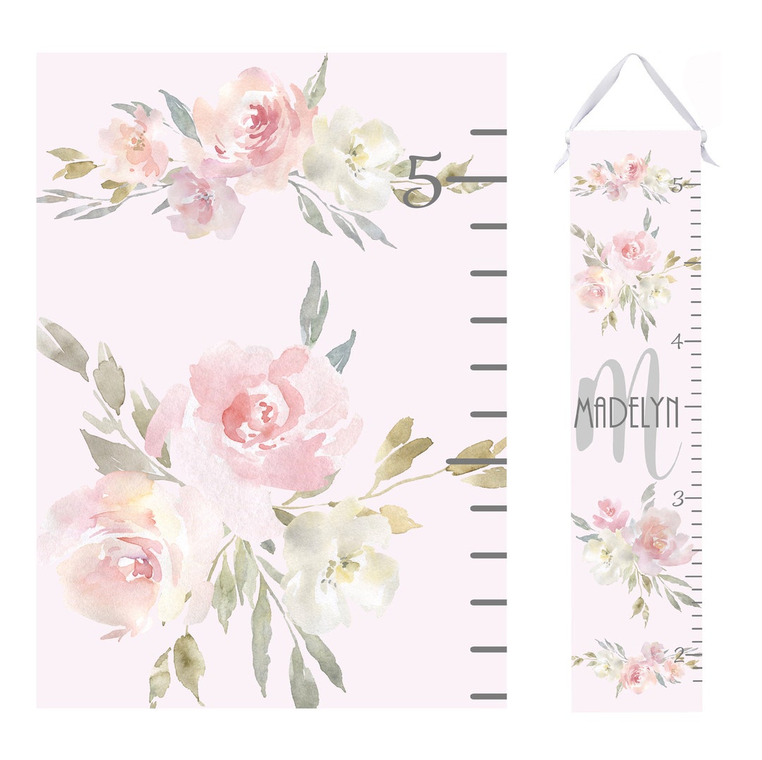 Modern Pink Floral Growth Chart - Personalized Watercolor Height Chart ...