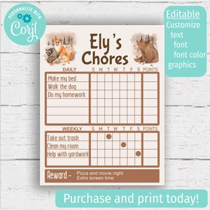 Daily Weekly Woodland Animals Chore Chart Editable Digital - Etsy