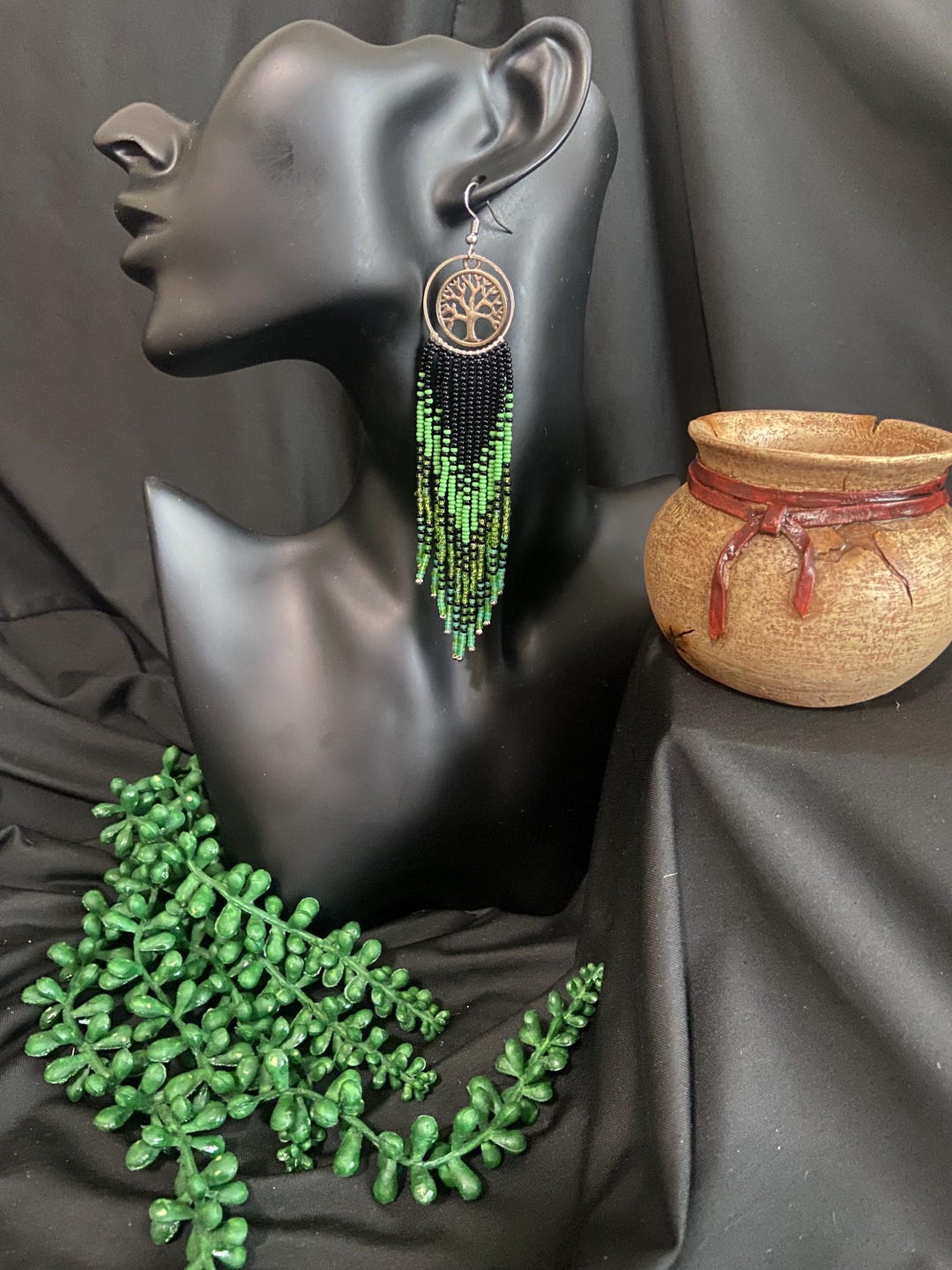 Rooted Radiance – Tree of Life Green Fringe Beaded Earrings - Etsy