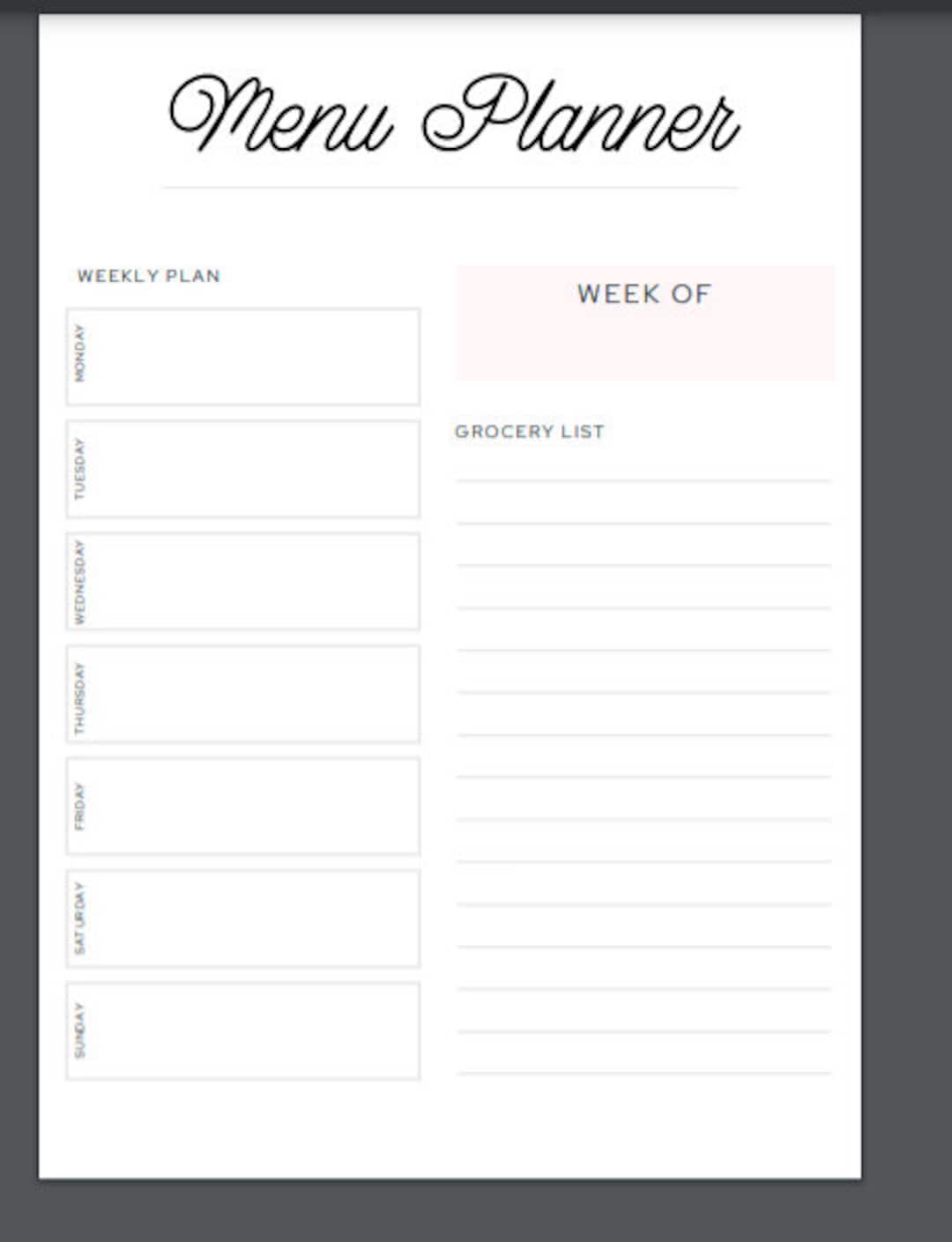 Printable Menu Planner - Etsy